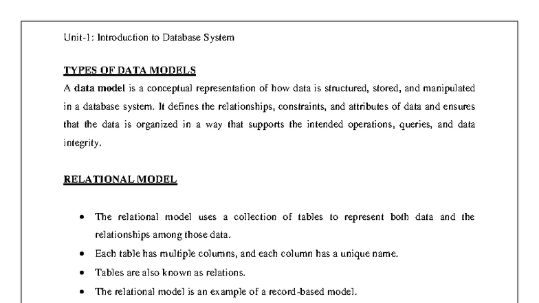 DBS 101: Types of Data Models - Key Concepts and Terminologies - Studocu