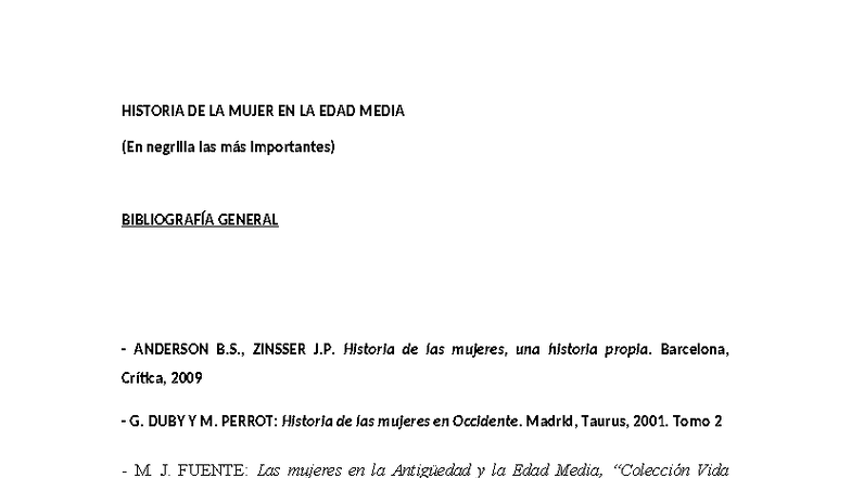 HIST 101: Bibliografía sobre la Mujer en la Edad Media - Studocu