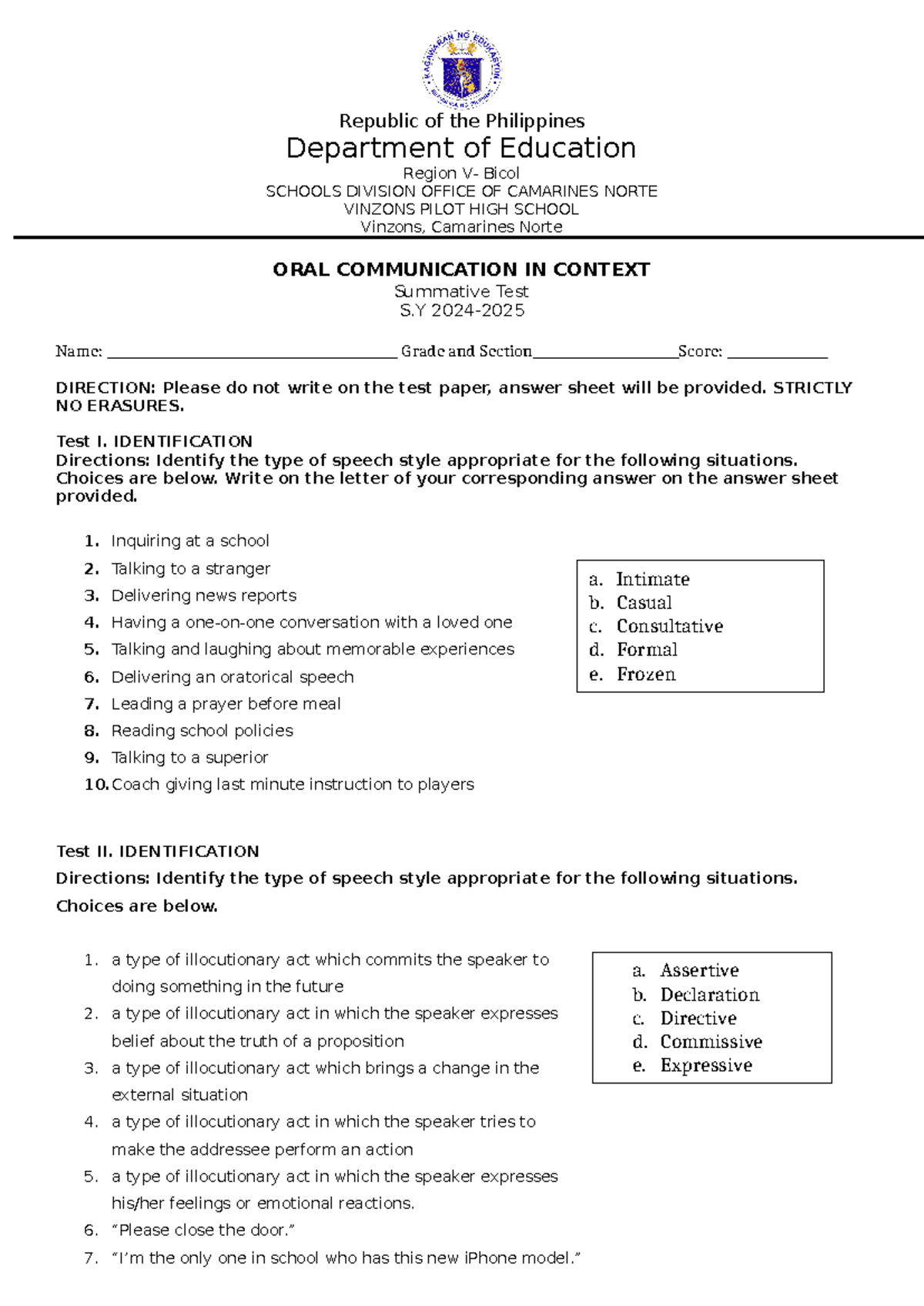 Q2 Oral Communication Summative Test Docs for S 2024 Students - Studocu