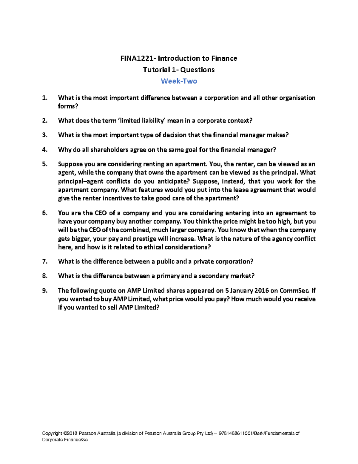 FINA1221 - Corporate Finance Tutorial 1 Questions - Week Two - Studocu