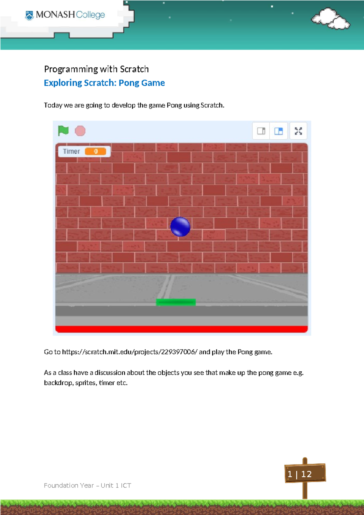Exploring Scratch: Pong game project for ICT 12 Foundation Year - Studocu
