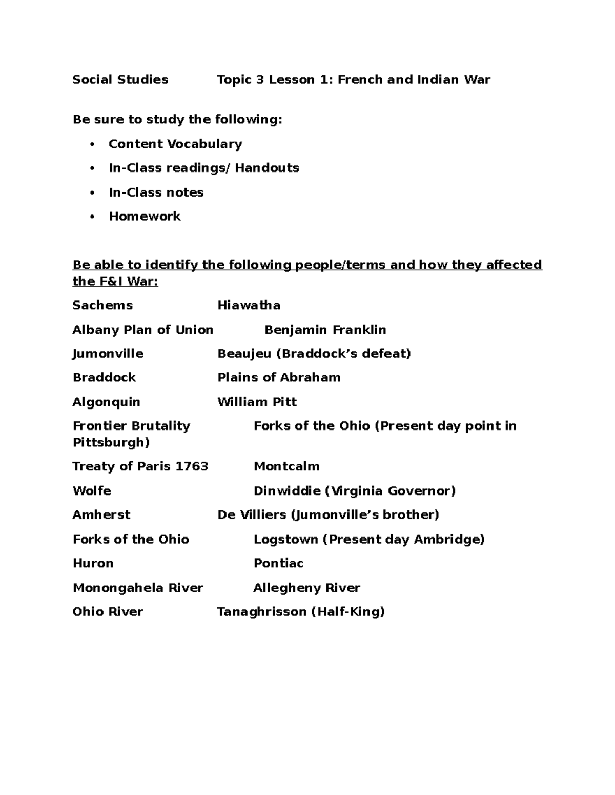 Social Studies Topic 3: Overview of the French and Indian War - Studocu