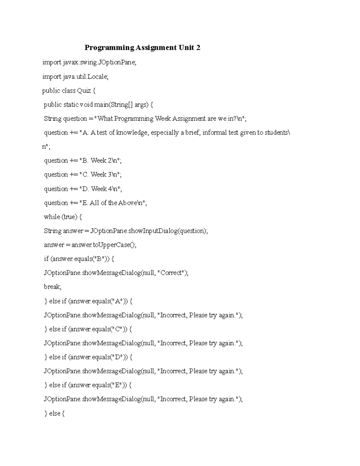 Programming Assignment Unit 2: Quiz Implementation Guide - Studocu
