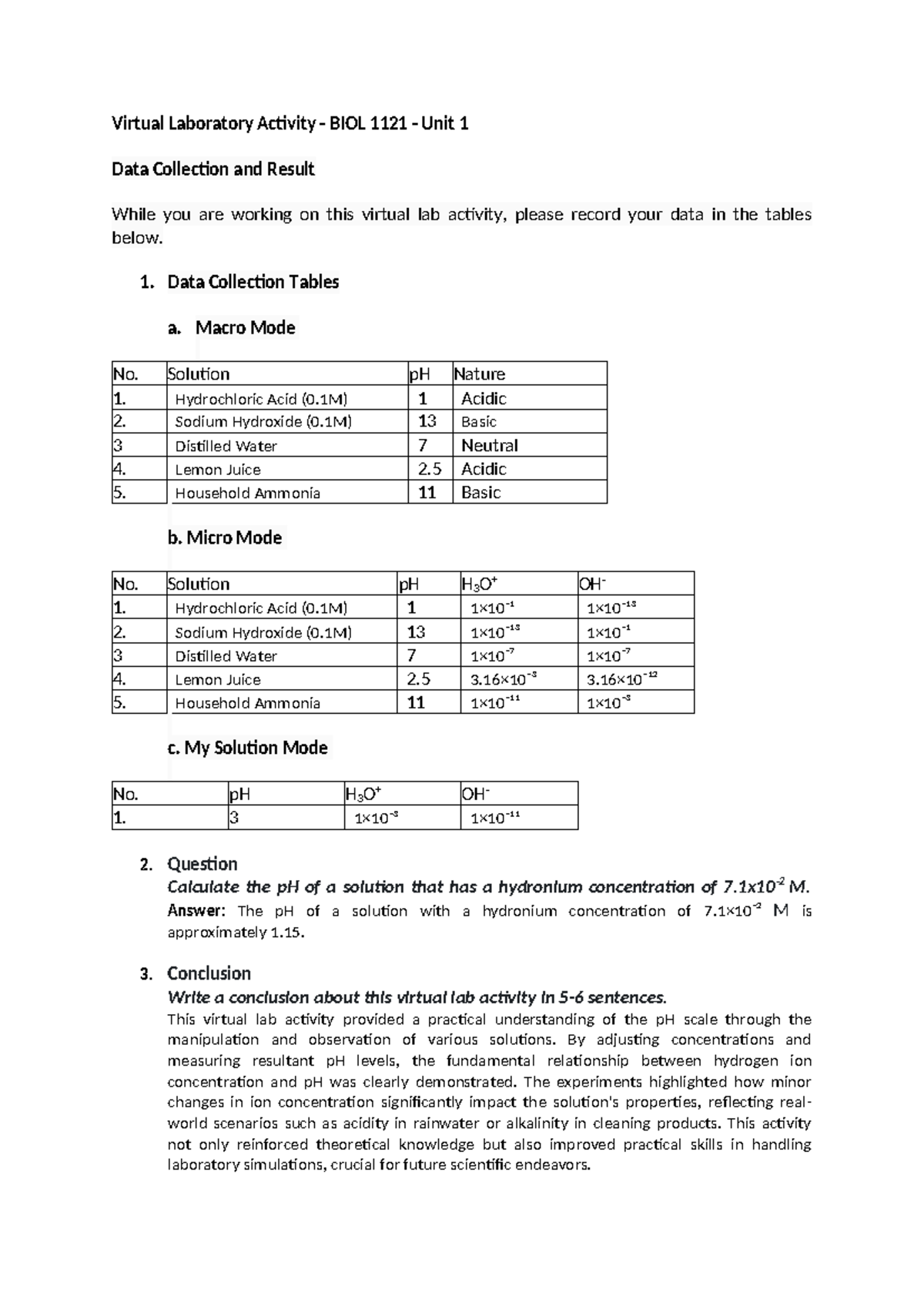 Experiment 1: Data Collection & Results - BIOL 1121 Virtual Lab - Studocu
