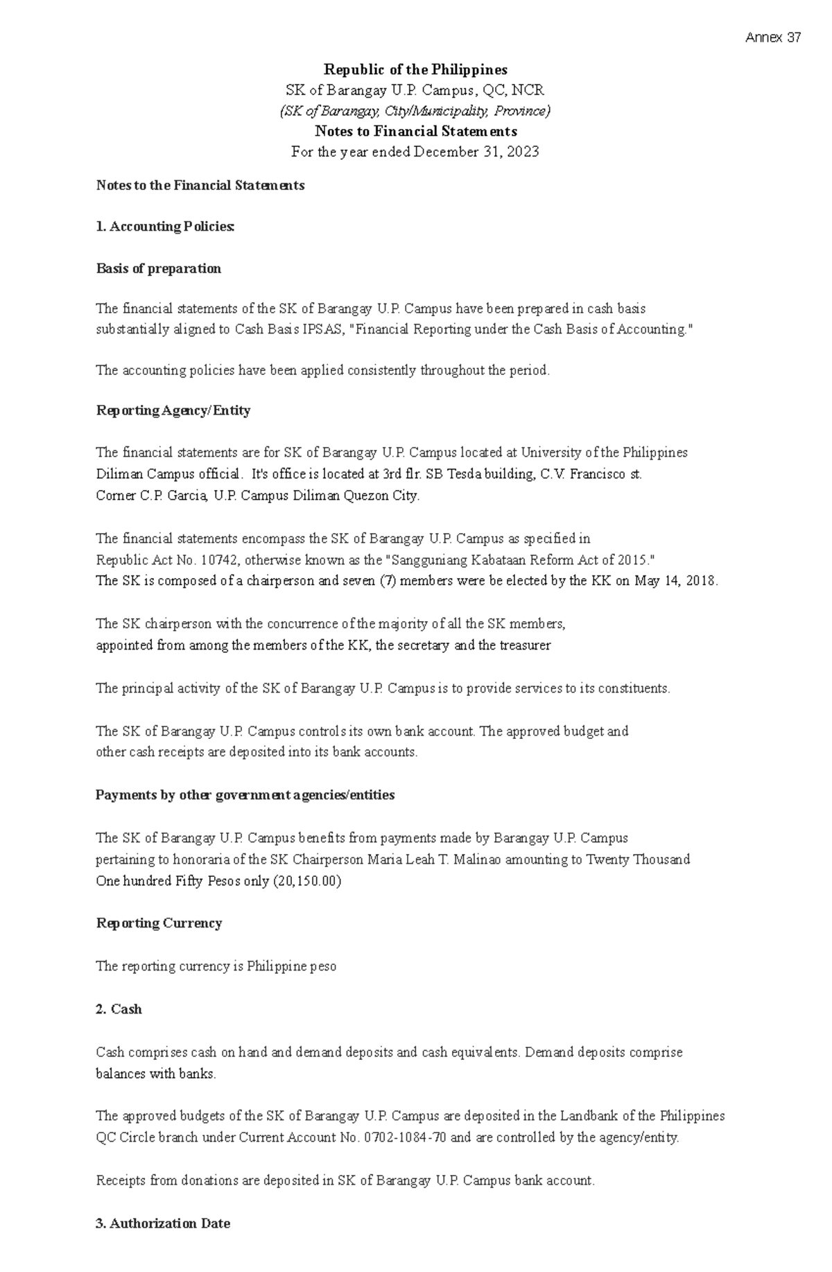 SK U.P. Campus 2023 Notes to Financial Statements and Financial Reports ...