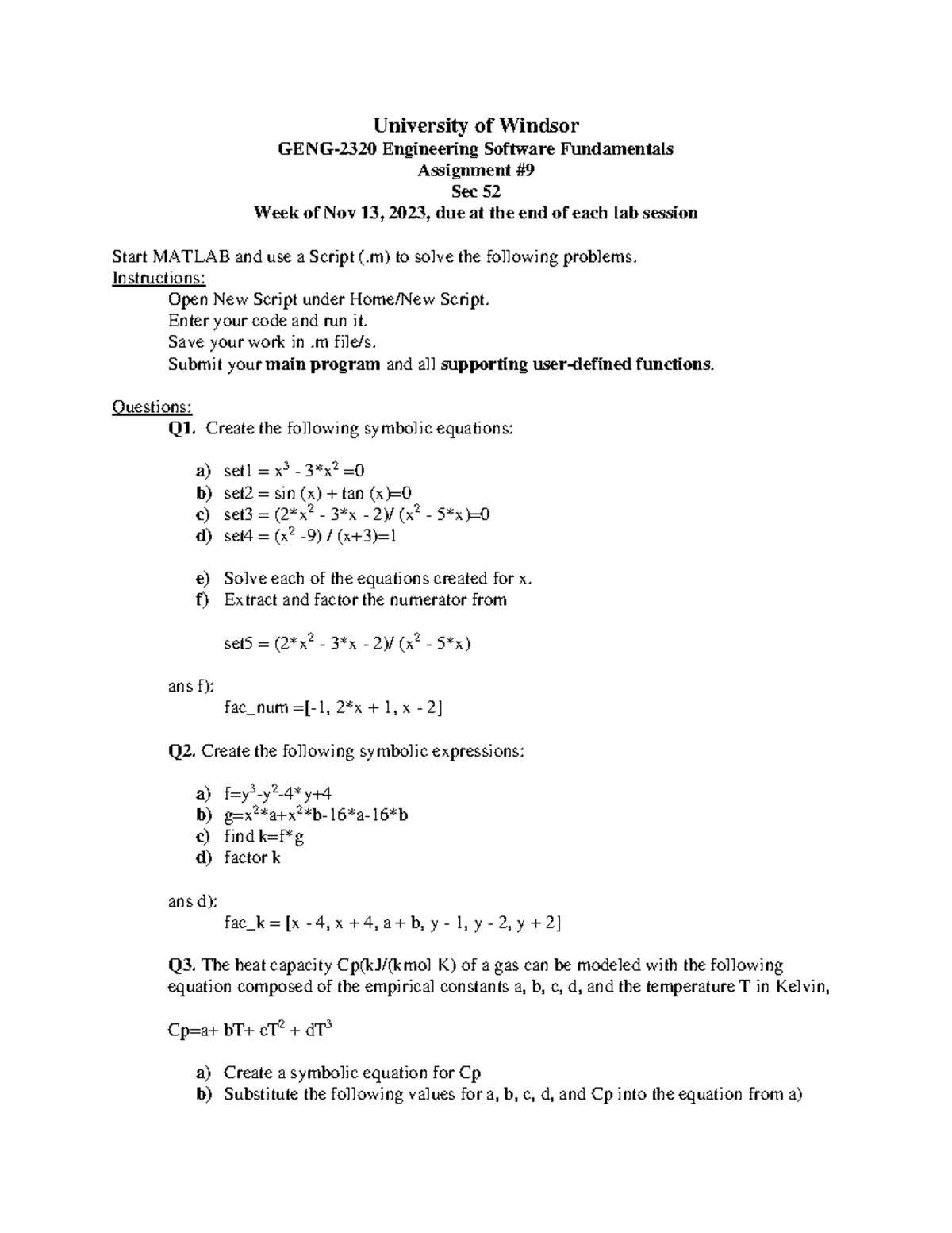 Assignment 9 Sec52 - University of Windsor GENG- 2320 Engineering Software Fundamentals ...