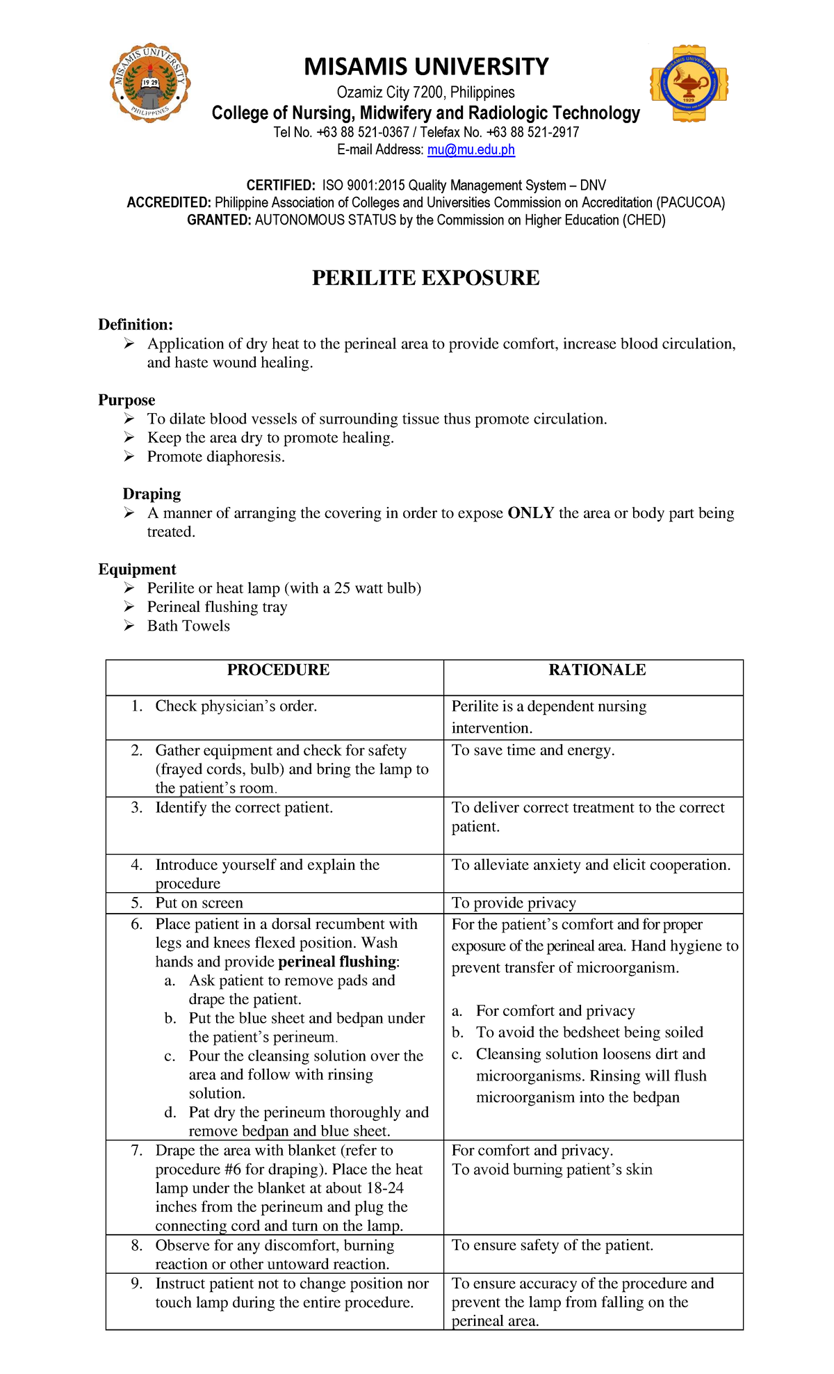 Perilite Exposure Procedure & Checklist for Nursing Practice - Studocu