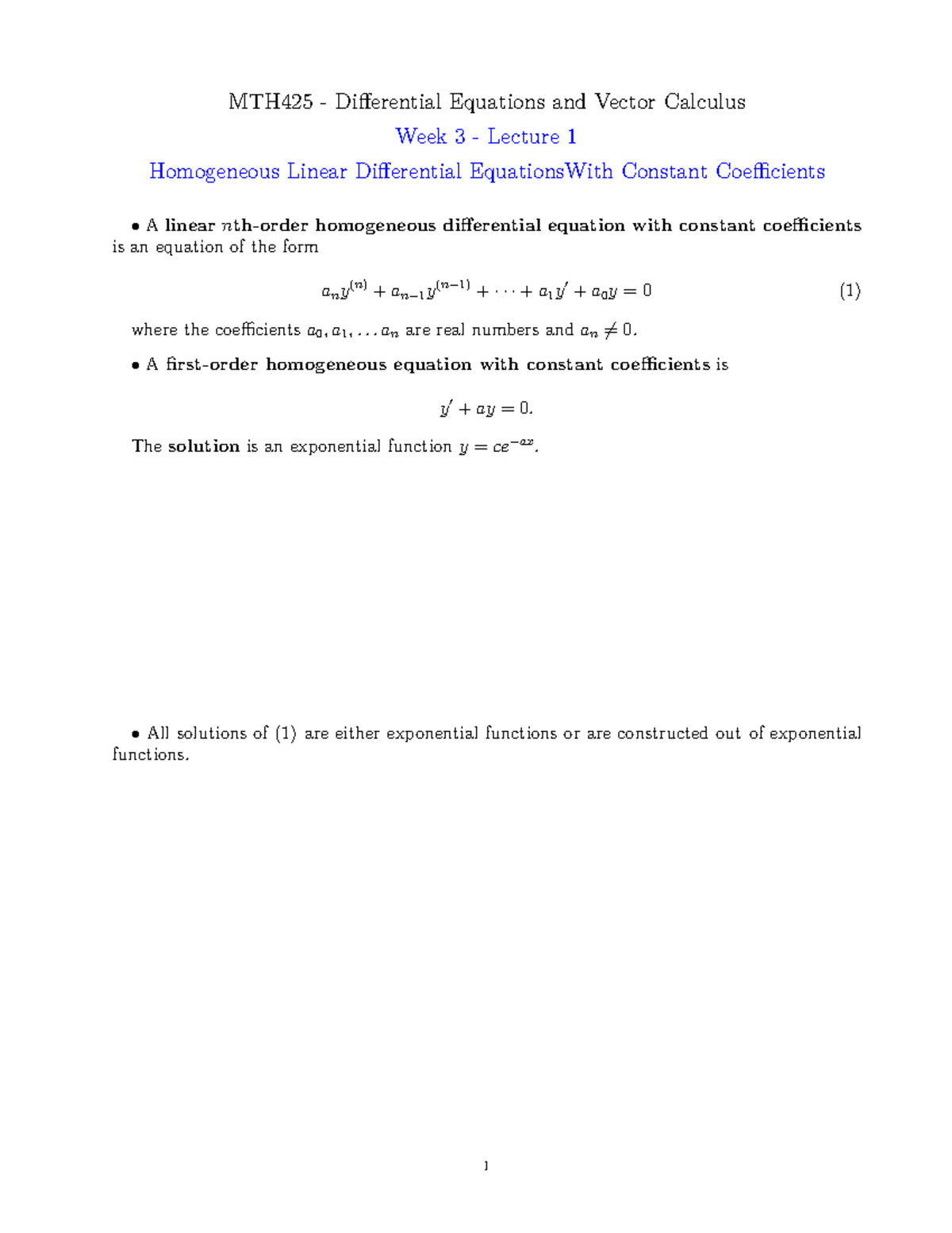 MTH425 Week 3 Lecture 1 - Homogeneous Linear Differential Equations - Studocu
