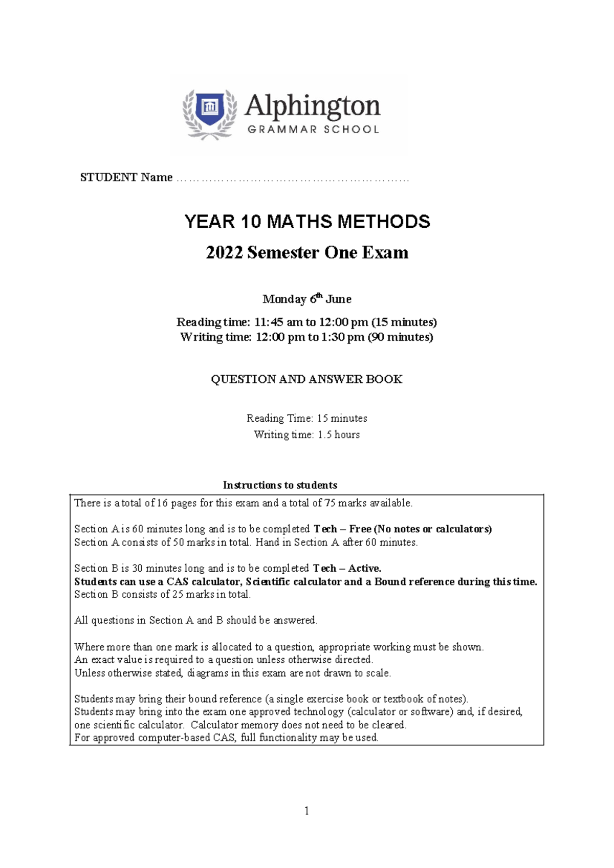 10 MM Sem 1 Exam 2022 - Year 10 Maths Methods - Studocu