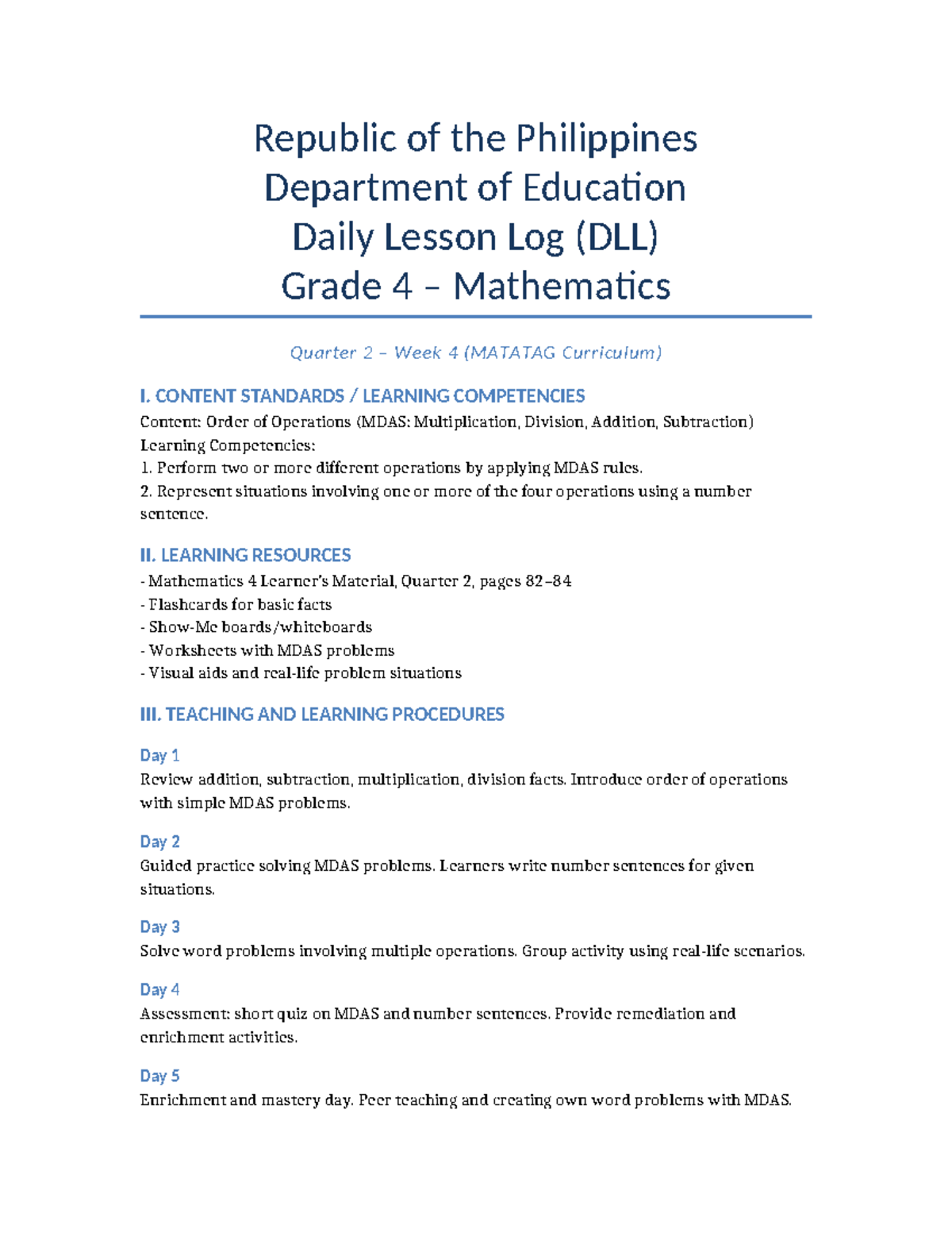 DLL Math 4 Q2 W4: Order of Operations (MDAS) Lesson Plan - Studocu