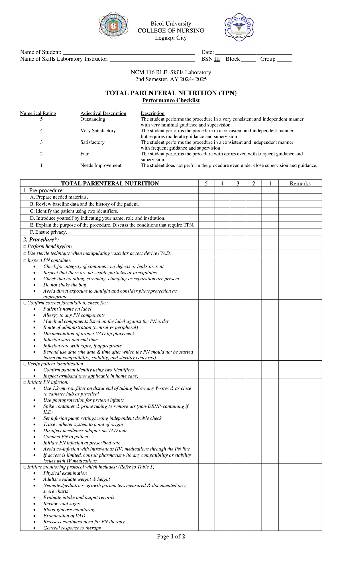 NCM 116 RLE: TPN Performance Checklist for Nursing Skills Lab - Studocu