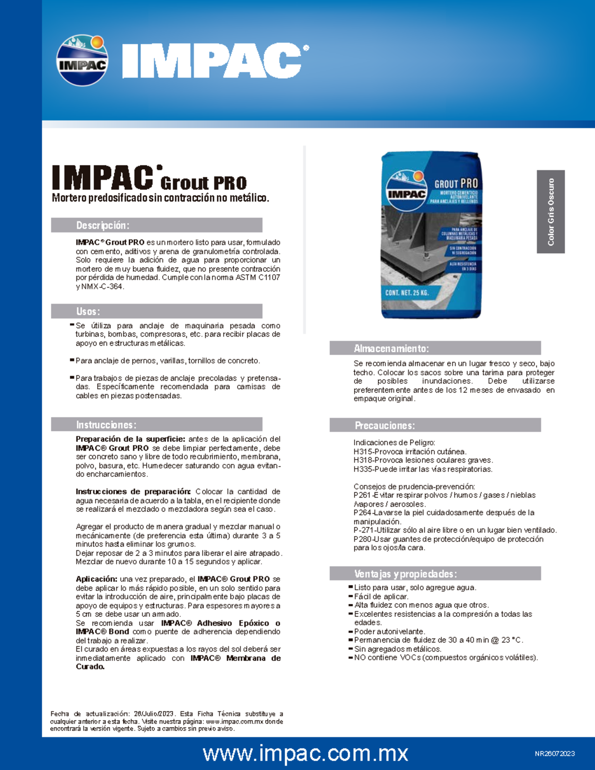 Ficha Técnica IMPAC Grout PRO: Mortero Predosificado y Usos - Studocu