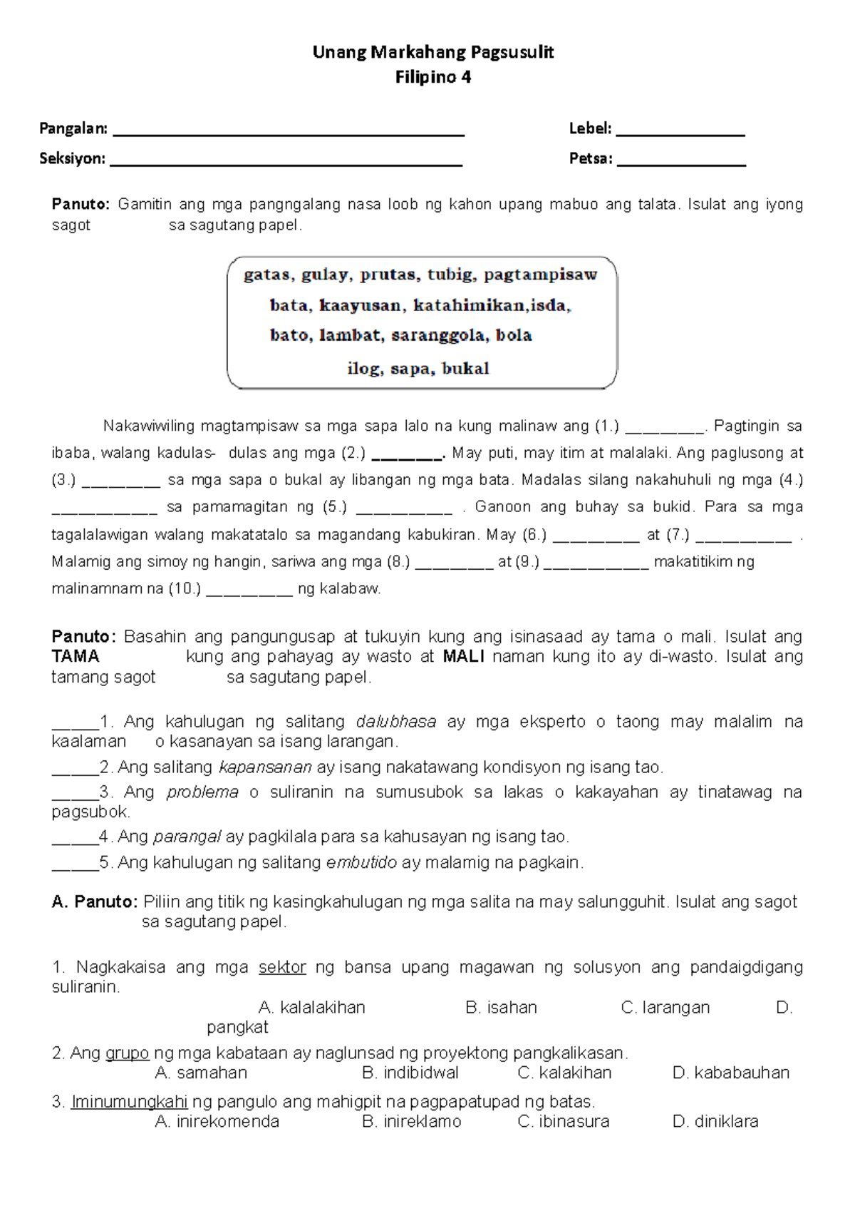 Unang Markahang Pagsusulit sa Filipino 4 - Studocu