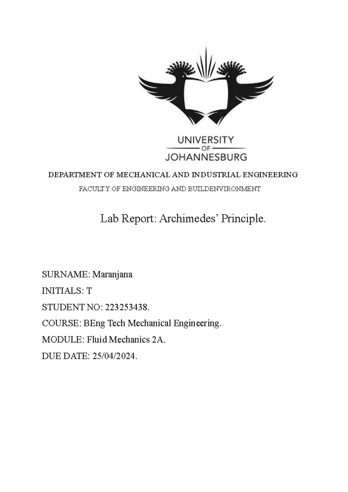 BEng Tech Mechanical Engineering: Fluid Mechanics 2A Lab Report on ...