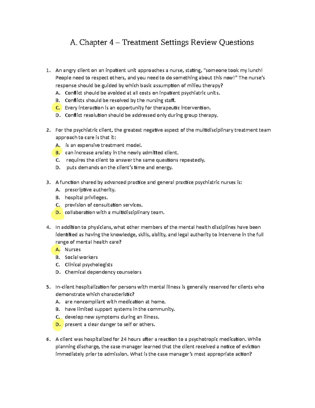 Chapter 4 - Treatment Settings Review Questions (Psychiatric Care ...