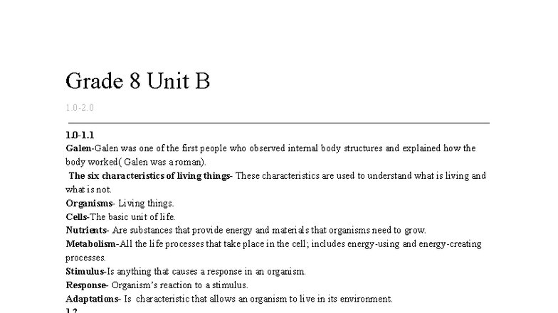 Grade 8 Unit B: Understanding Living Organisms and Their Structures ...
