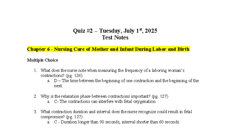 Quiz 2 OB Study Guide: Nursing Care of Mother and Infant During Labor ...