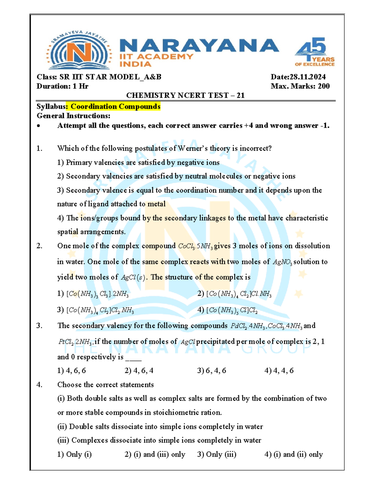 SR IIT STAR Model A&B Chemistry NCERT Test-21 QP - 28 Nov 2024 - Studocu
