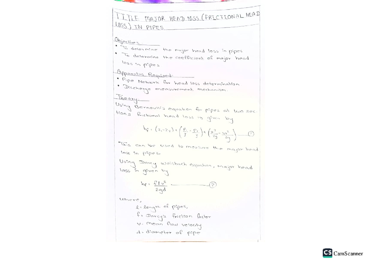 Hydraulics-1: Major Head Loss in Pipes - Final Exam Notes - Studocu