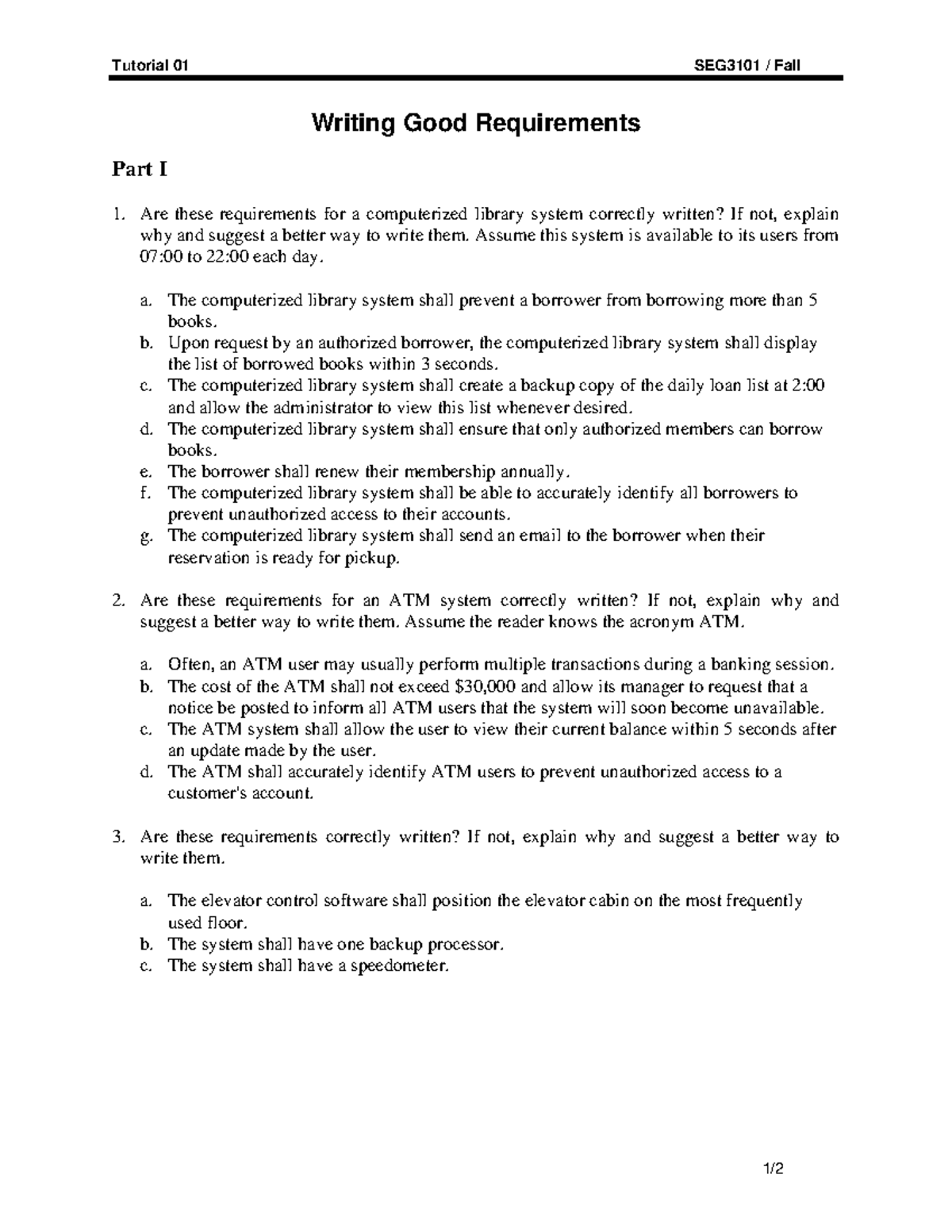 Tutorial 01 SEG3101 Fall: Writing Good Requirements Analysis - Studocu