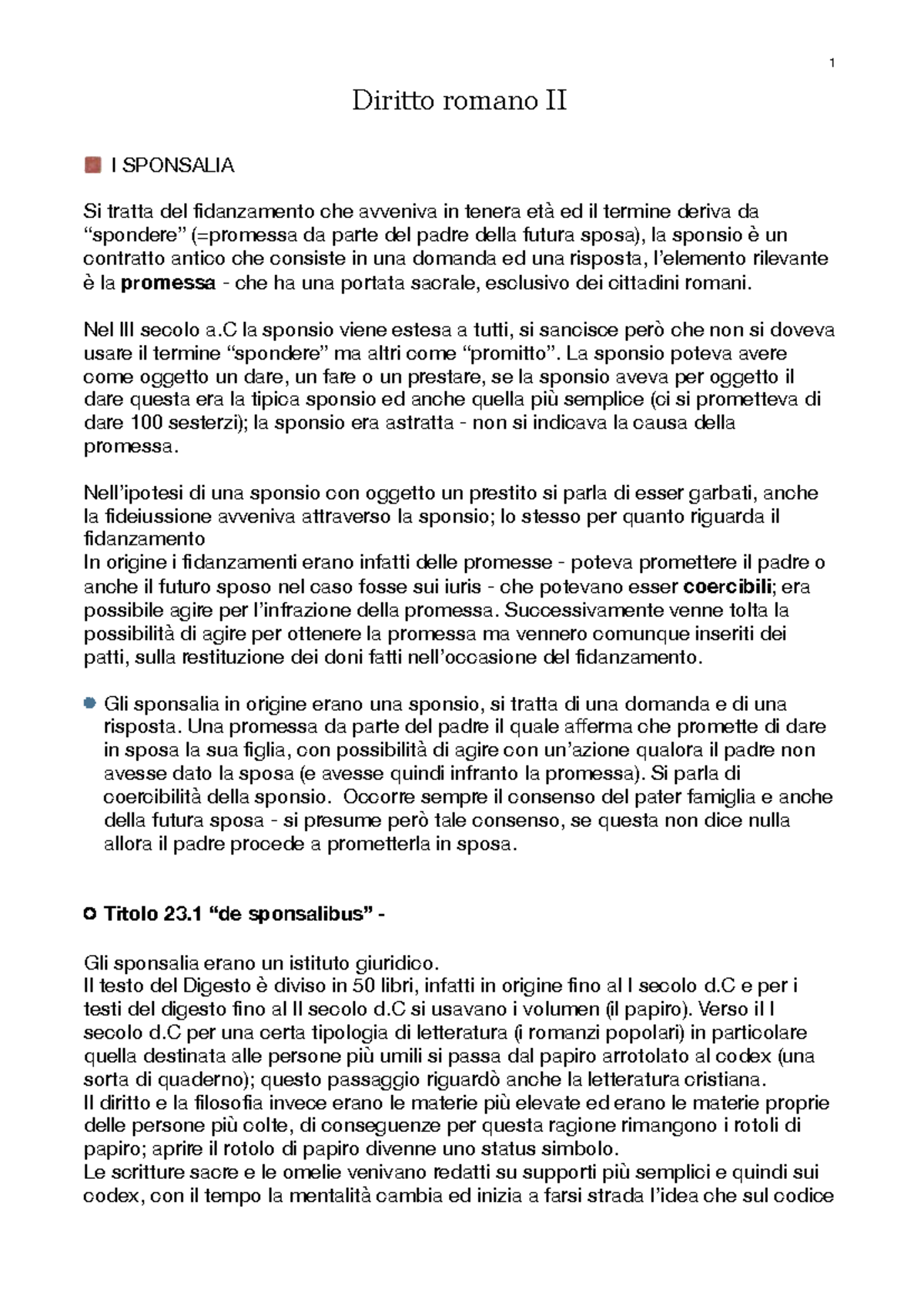 Diritto Romano II - Appunti Lezioni su Sponsalia e Matrimonio - Studocu