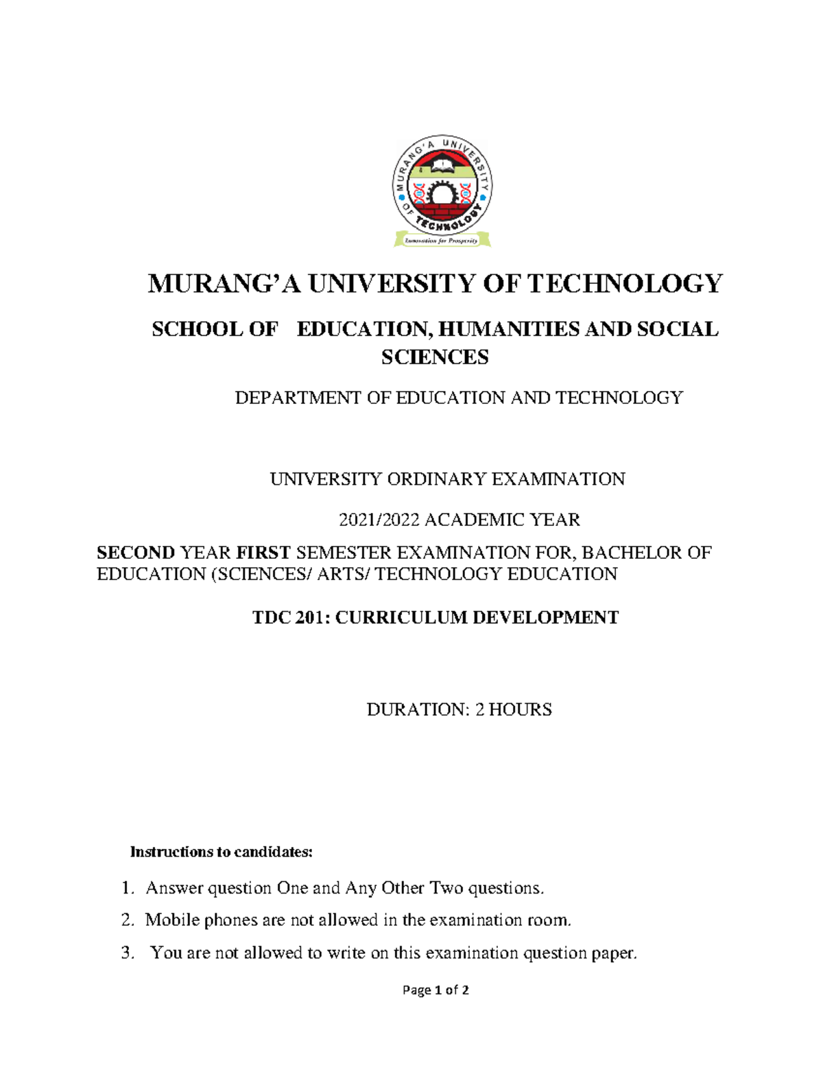 TDC 201 - Curriculum Development Exam Paper 2021 - Studocu