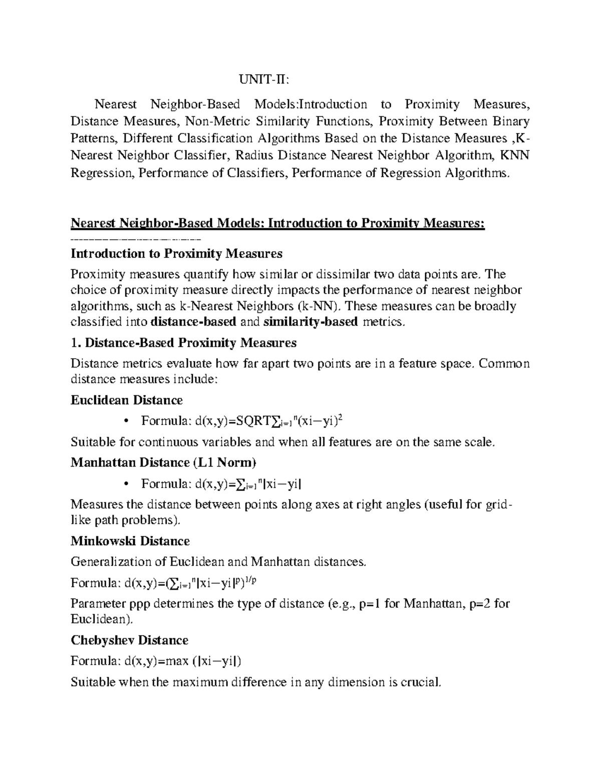 ML-UNIT-2: Nearest Models & Proximity Measures in Machine Learning - Studocu
