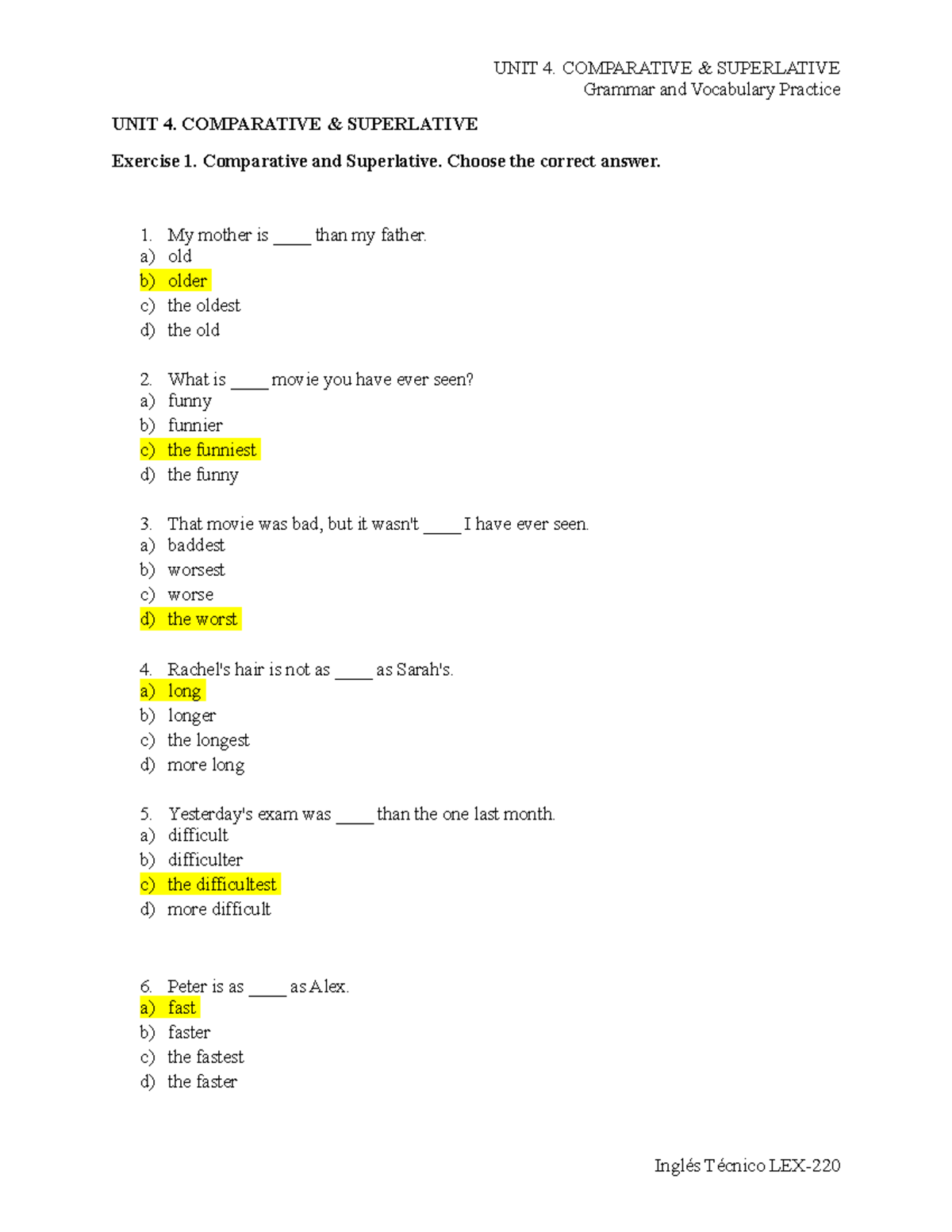 Practice Unit 4. Comparative Superlative DONE - Grammar and Vocabulary ...