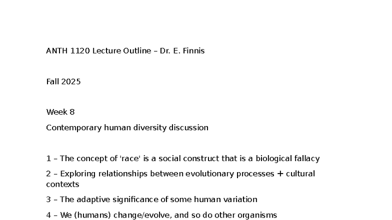 ANTH 1120 Lecture Outline - Week 8: Human Diversity & Adaptation - Studocu