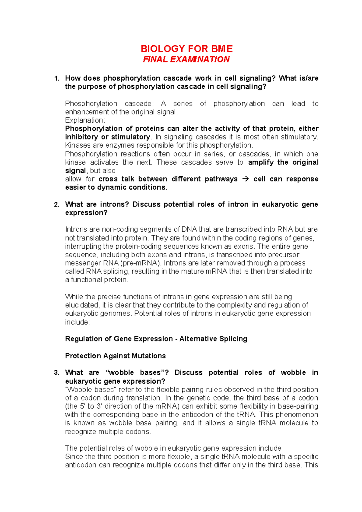 BIOLOGY FOR BME FINAL EXAM REVIEW: CELL SIGNALING & GENE EXPRESSION ...