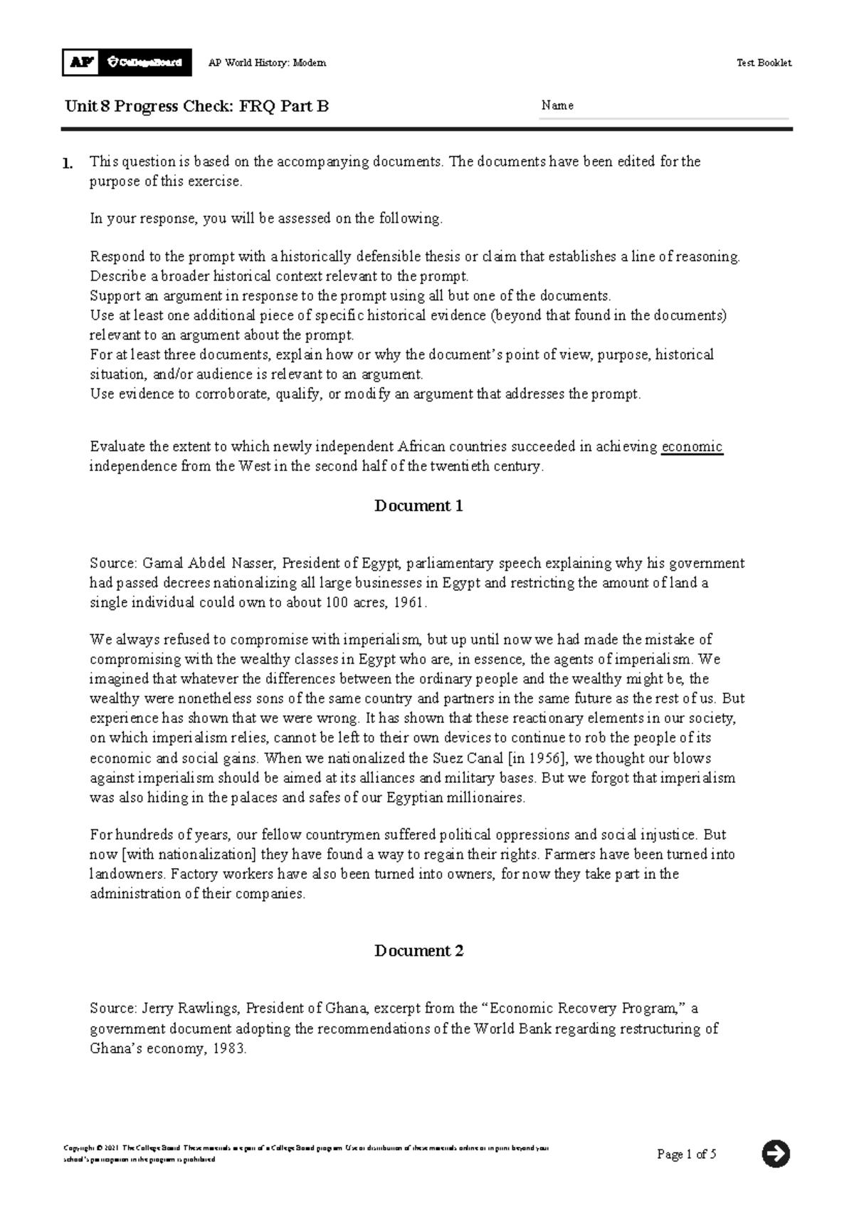 AP World History: Modern Unit 8 DBQ Practice - Economic Independence in ...