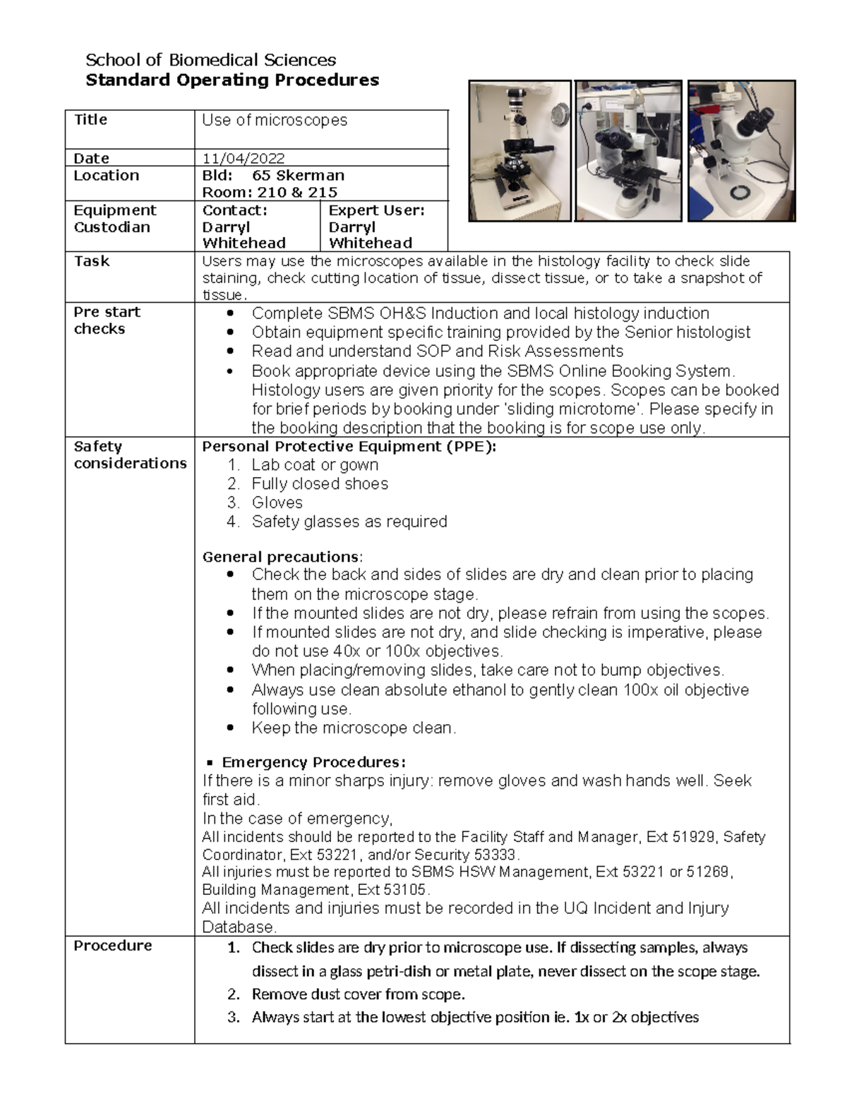 SOP for Brightfield Microscopes in Histology Facility - SBMS - Studocu