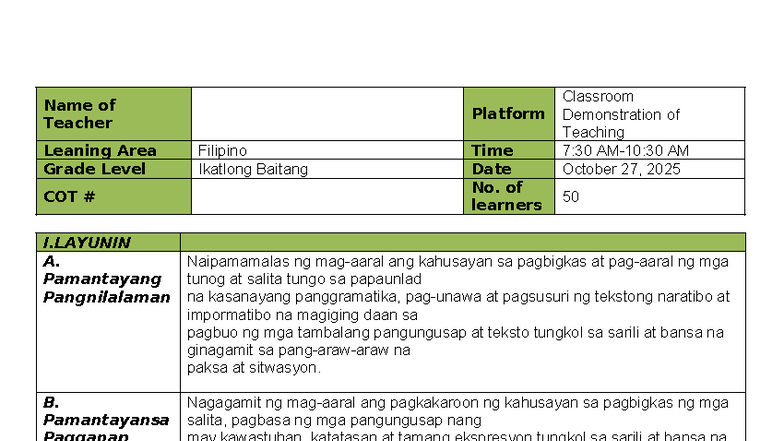 Detailed Lesson Plan for Filipino (Grade 3) - COT - Studocu