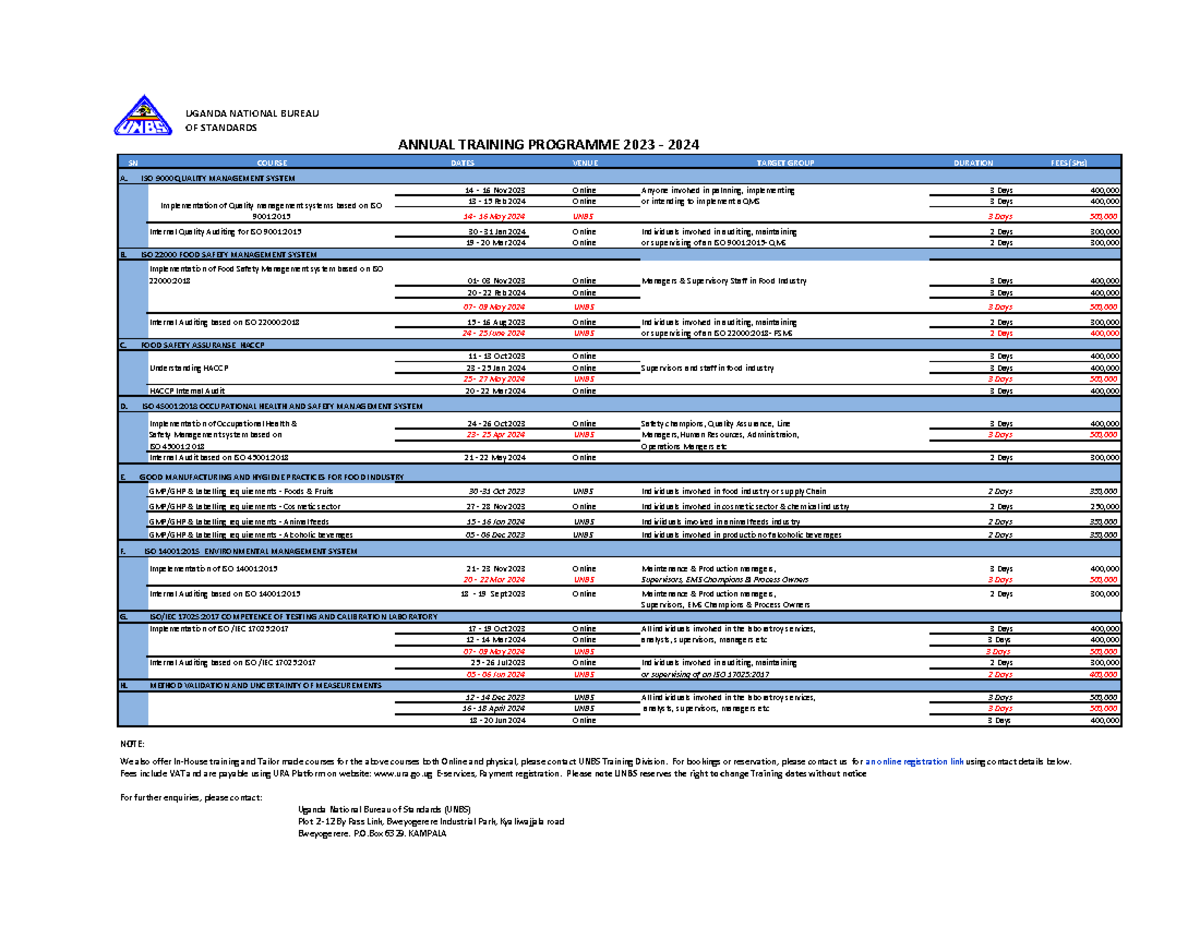 UNBS Annual Training Programme 2023-24: Course Schedule & Details - Studocu