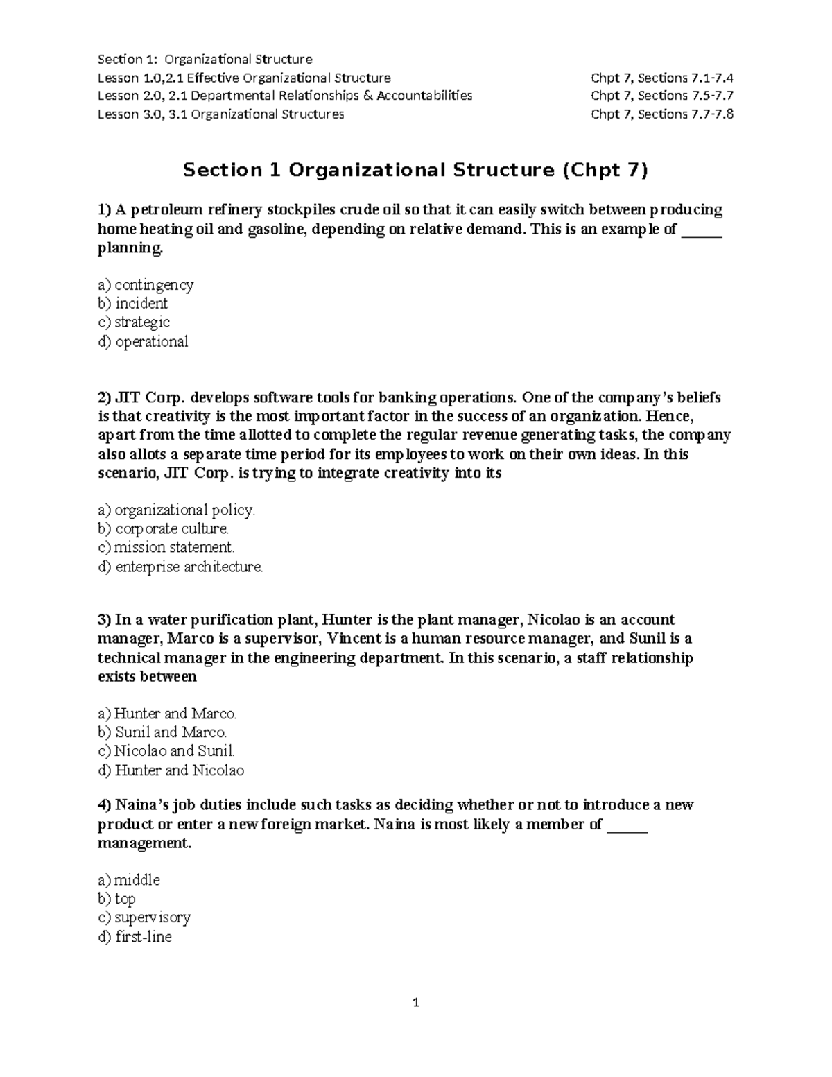 C201 Chapter 7 Study Guide: Organizational Structure & Relationships ...