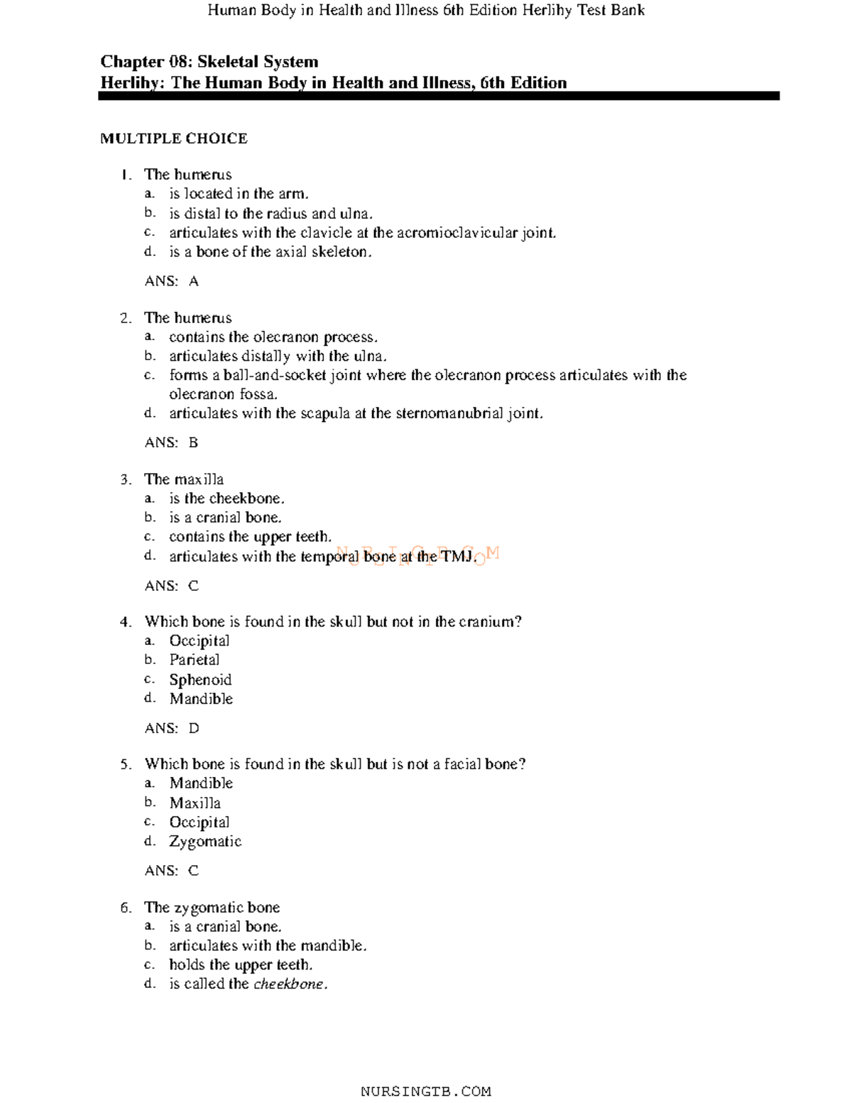 CH 8 BIO - Skeletal System MCQs from Herlihy's 6th Edition - Studocu