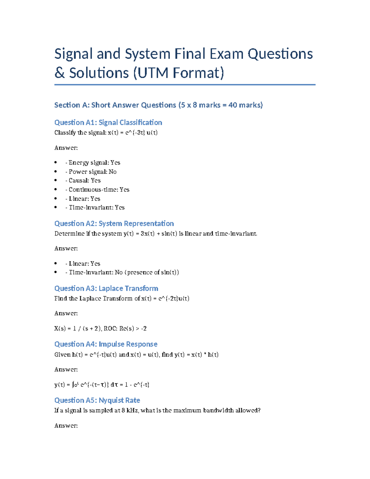Signal and System Final Exam Solutions (UTM Format) - Studocu