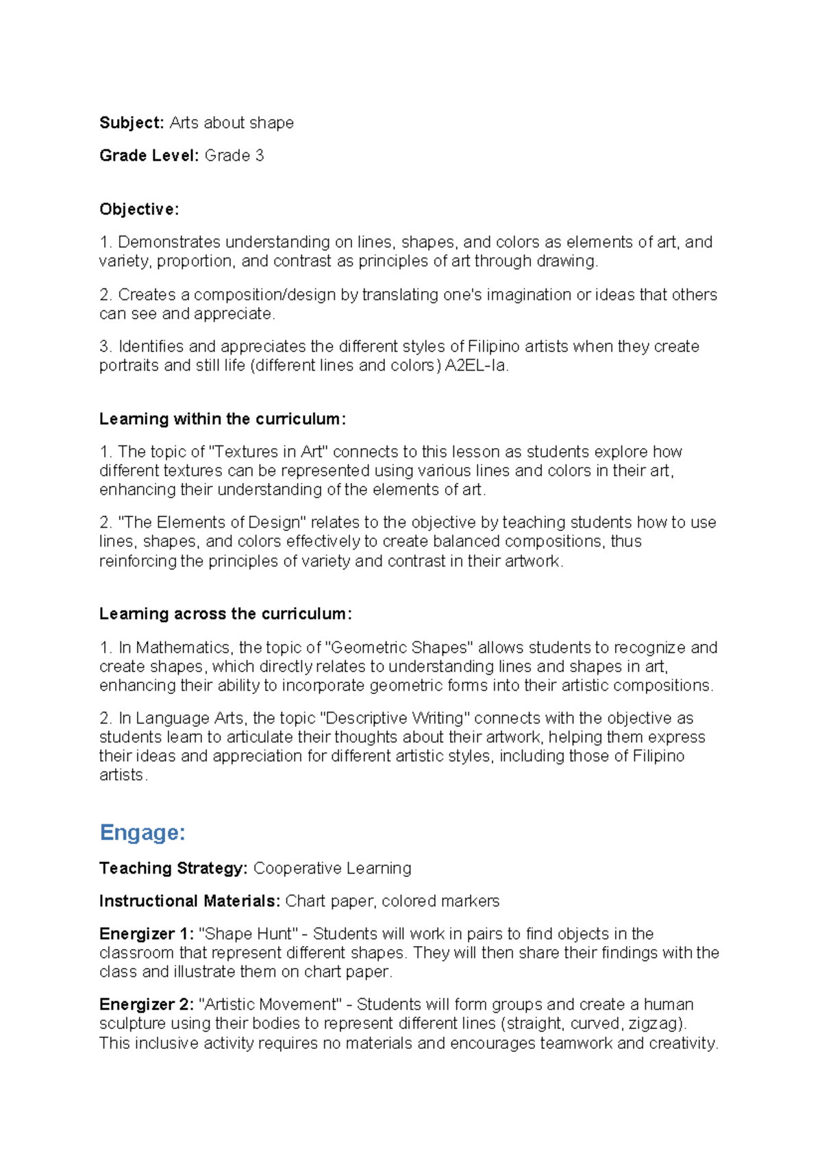 Grade 3 Arts Lesson Plan: Exploring Lines, Shapes & Colors - Studocu