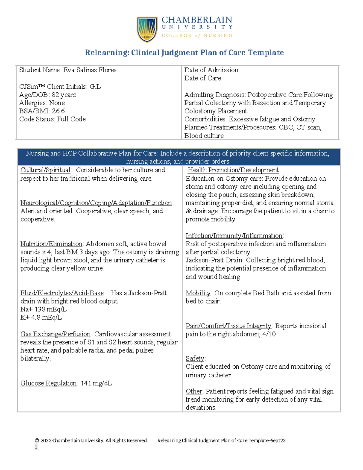 CJSim™ Clinical Judgment Plan of Care for G.L – Sept 2023 - Studocu