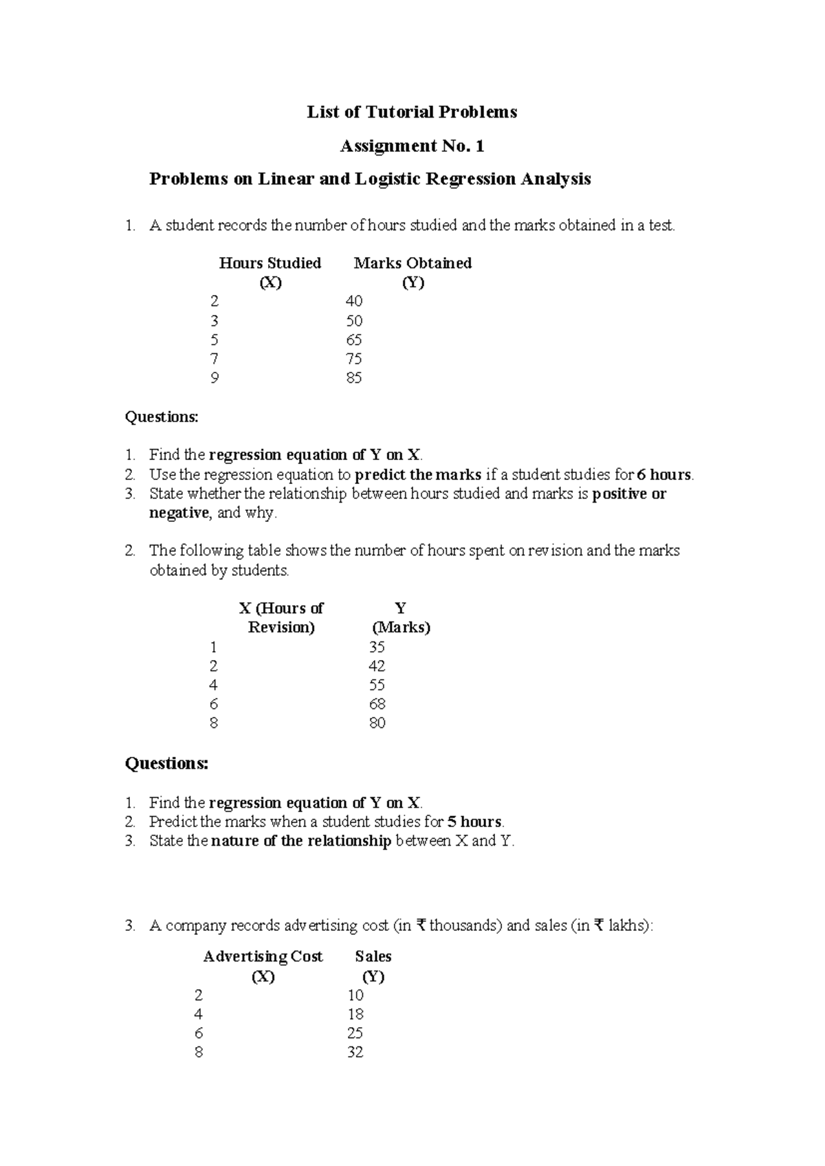 Tutorial Problems on Regression, KNN, Naïve Bayes, SVM, Clustering, and ...