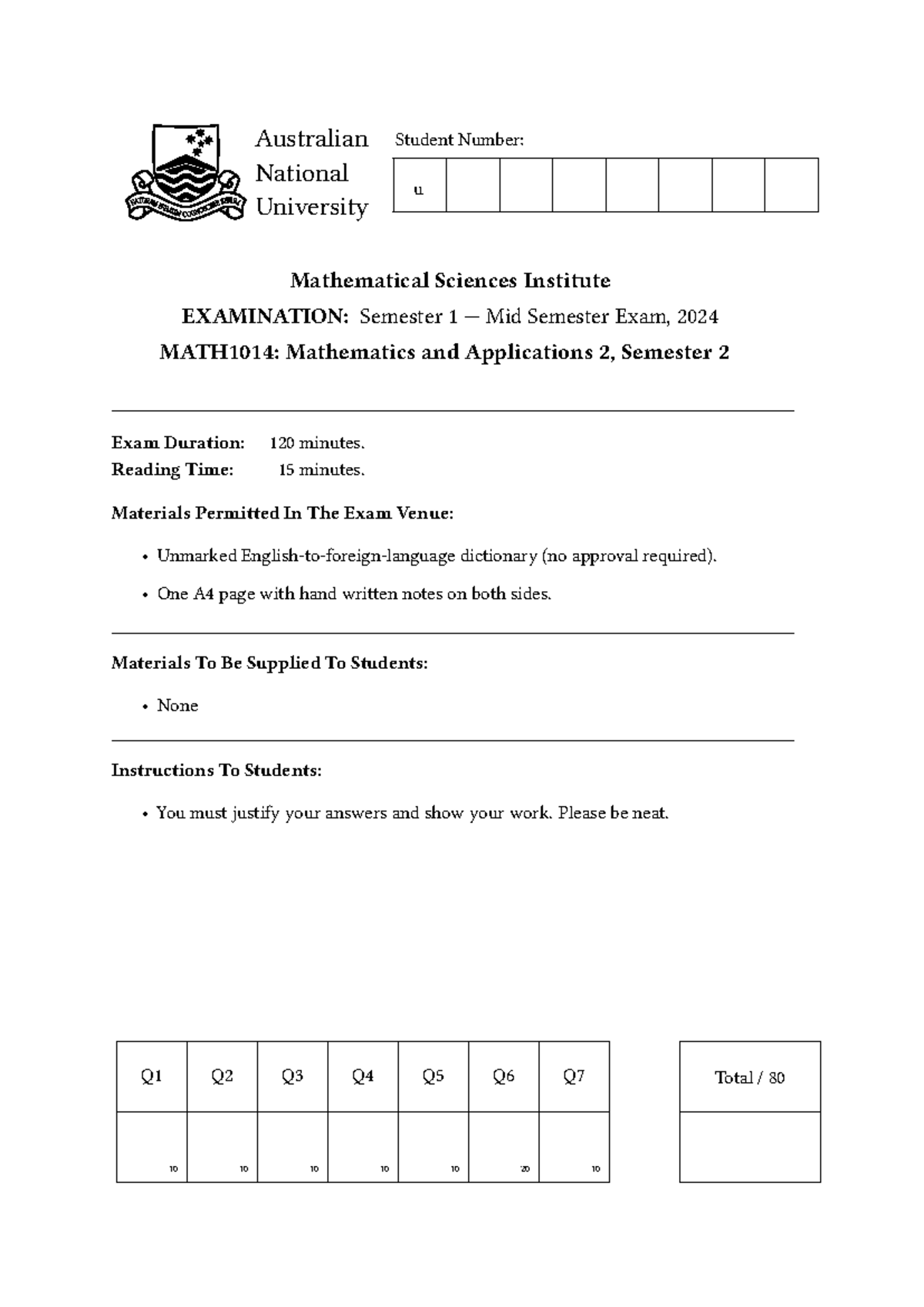 MATH1014: Mock Mid Semester Exam, Semester 2, 2024 - Studocu