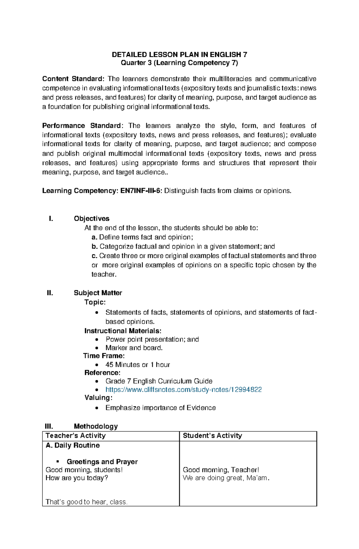 DETAILED LESSON PLAN IN ENGLISH 7: FACTS AND OPINIONS - Studocu