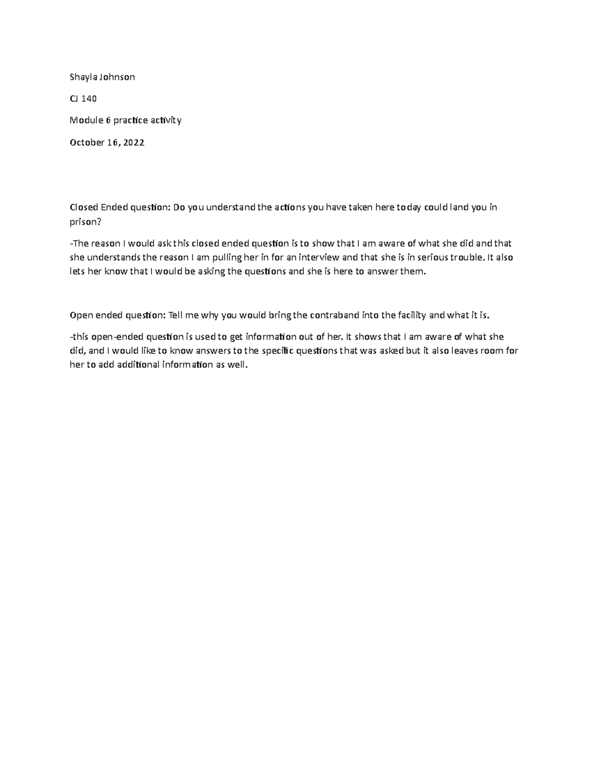 CJ 140 Module 6 Practice Activity: Understanding Interview Techniques ...