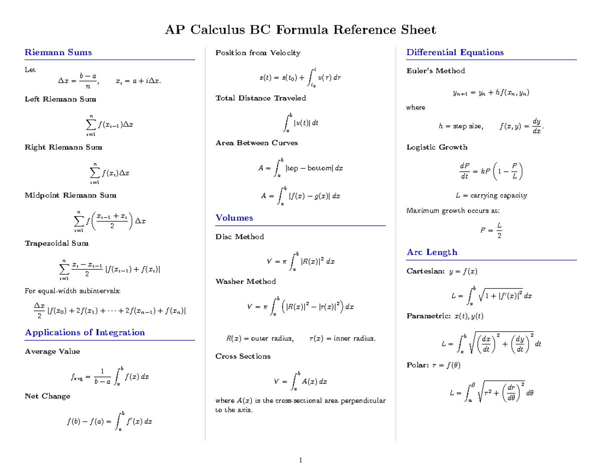 AP Calculus BC Reference Sheet: Key Formulas & Concepts - Studocu