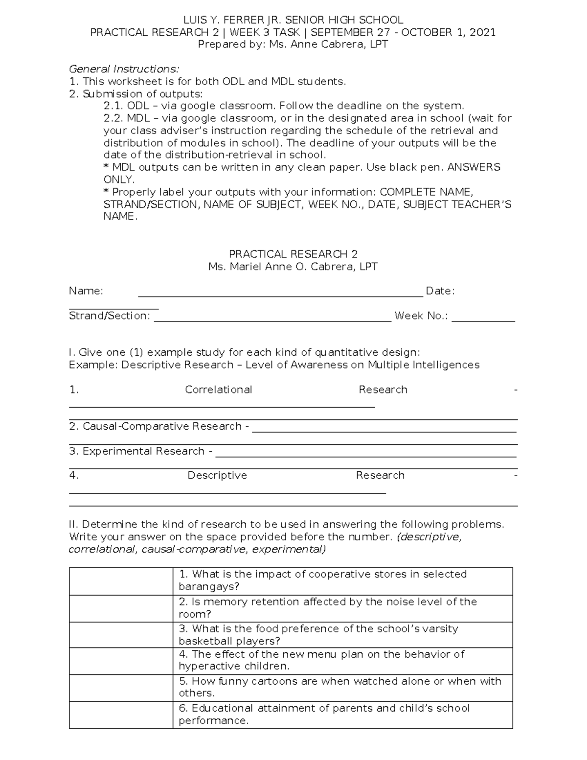 PR2 Week 3 Task - Questionnaire Practice and Research Design - Studocu