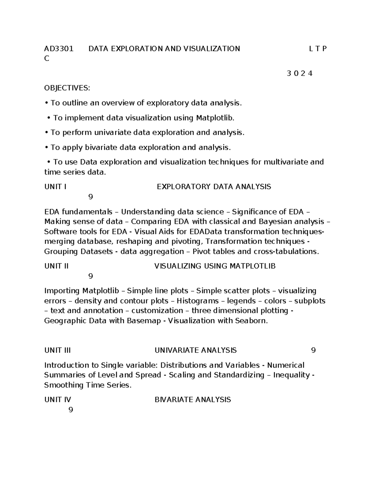 AD3301 DEV - Data Exploration & Visualization Syllabus Overview - Studocu