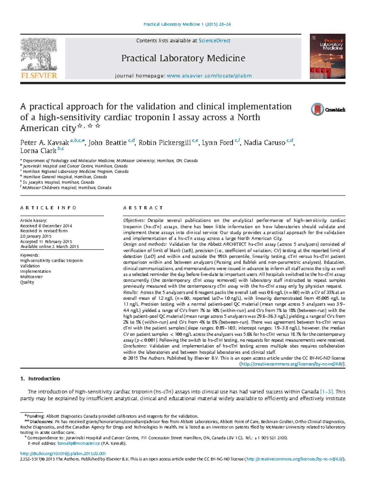 Validation and Implementation of Cardiac Troponin I Assay in North ...