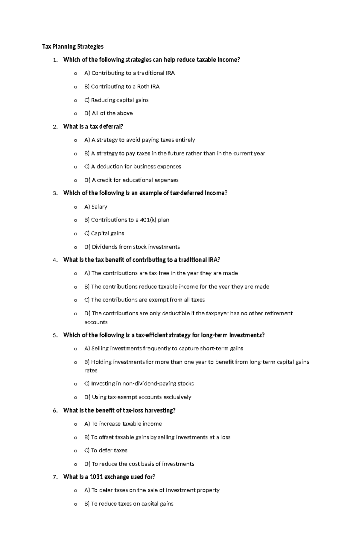 Tax Planning Strategies - Which of the following strategies can help ...