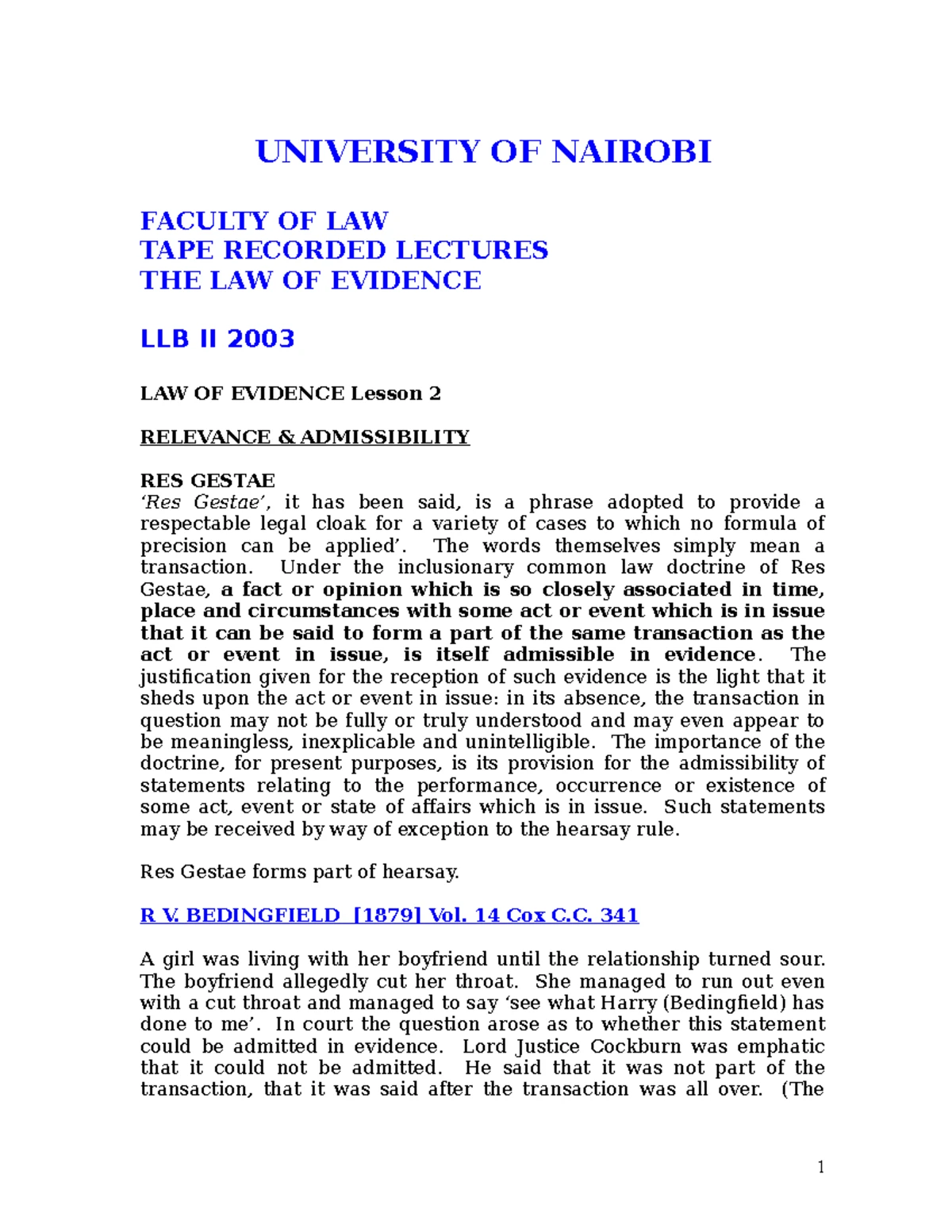 Evidence law notes - UNIVERSITY OF NAIROBI THE LAW OF EVIDENCE ...