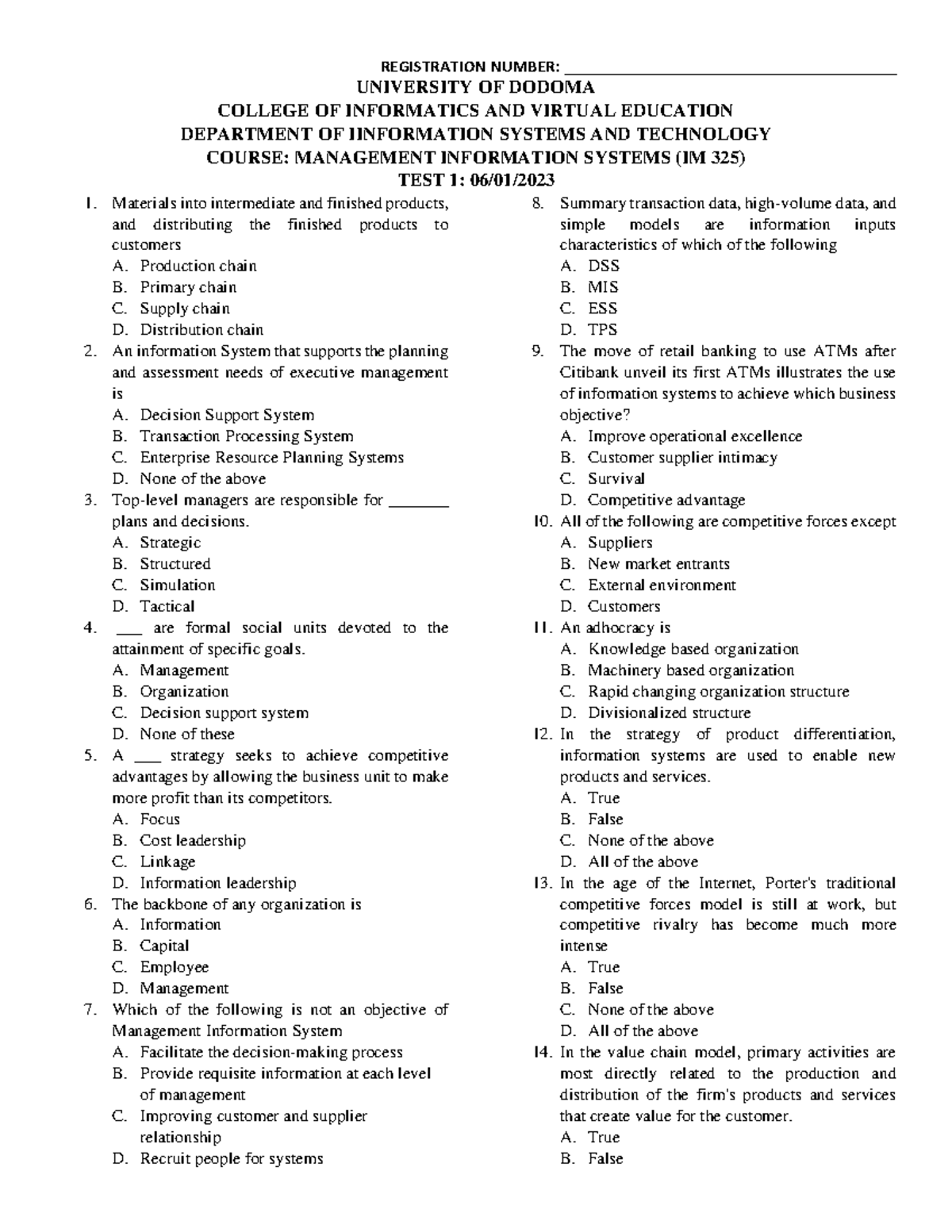 Im 325 Management Information Systems Mcq Test Questions Studocu